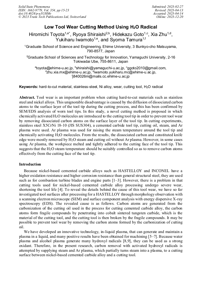 Low Tool Wear Cutting Method Using H2O Radical | Scientific.Net