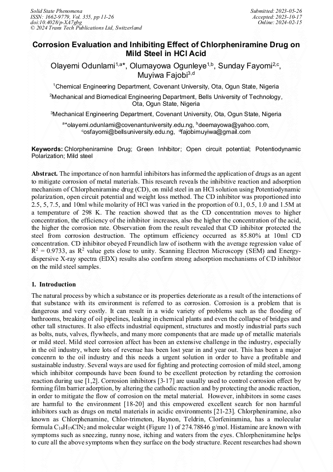 Corrosion Evaluation and Inhibiting Effect of Chlorpheniramine Drug on ...