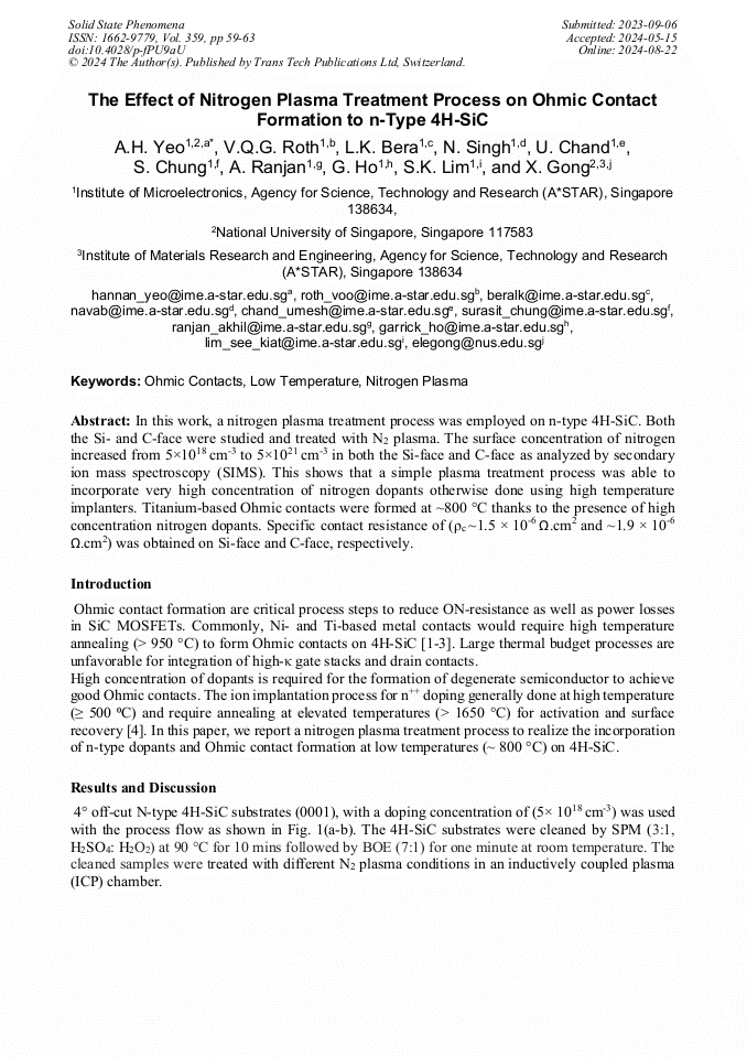 The Effect of Nitrogen Plasma Treatment Process on Ohmic Contact ...