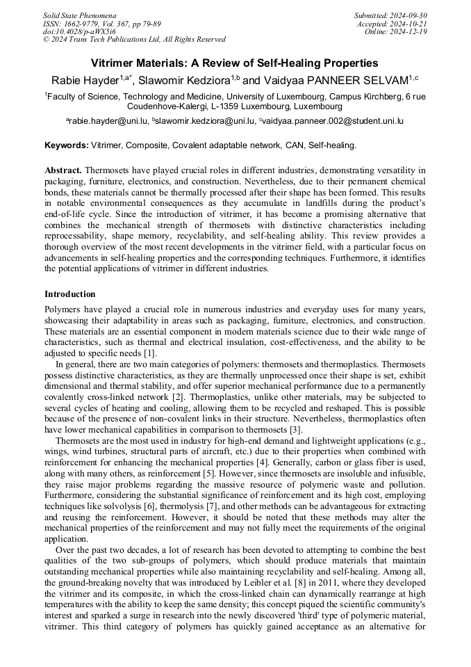 Vitrimer Materials: A Review of Self-Healing Properties | Scientific.Net