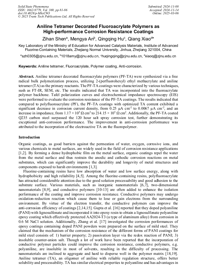 Aniline Tetramer Decorated Fluoroacrylate Polymers as High-Performance ...