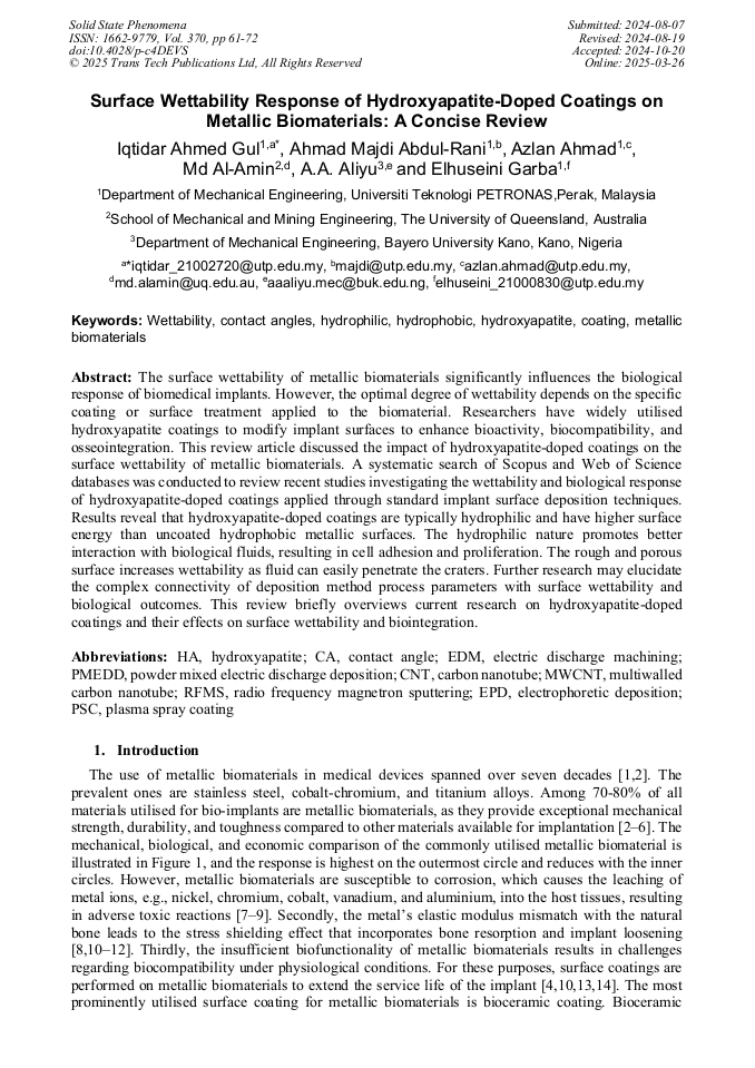Surface Wettability Response of Hydroxyapatite-Doped Coatings on Metallic Biomaterials: A ...