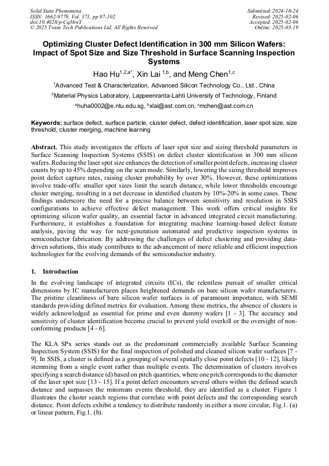 Optimizing Cluster Defect Identification in 300 mm Silicon Wafers ...