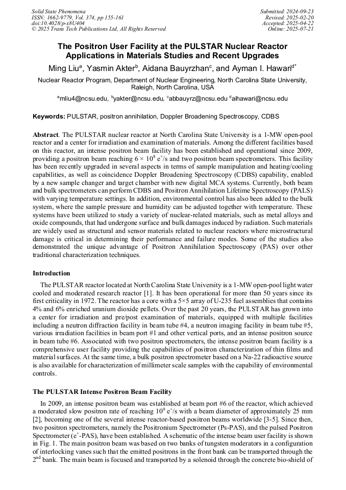The Positron User Facility at the PULSTAR Nuclear Reactor Applications ...