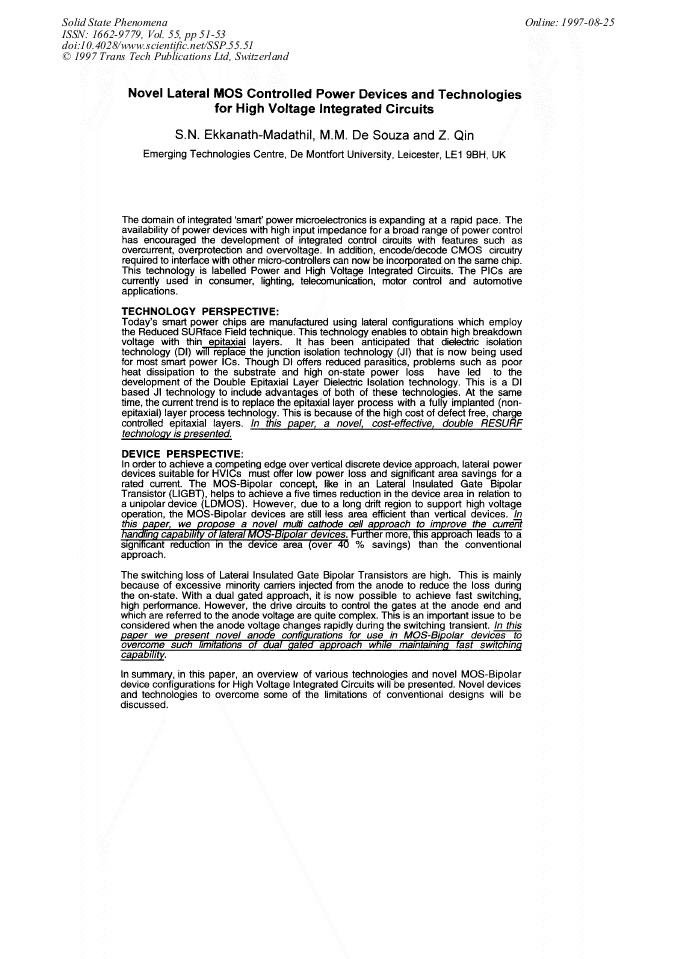 Novel Lateral MOS Controlled Power Devices and Technologies for High ...