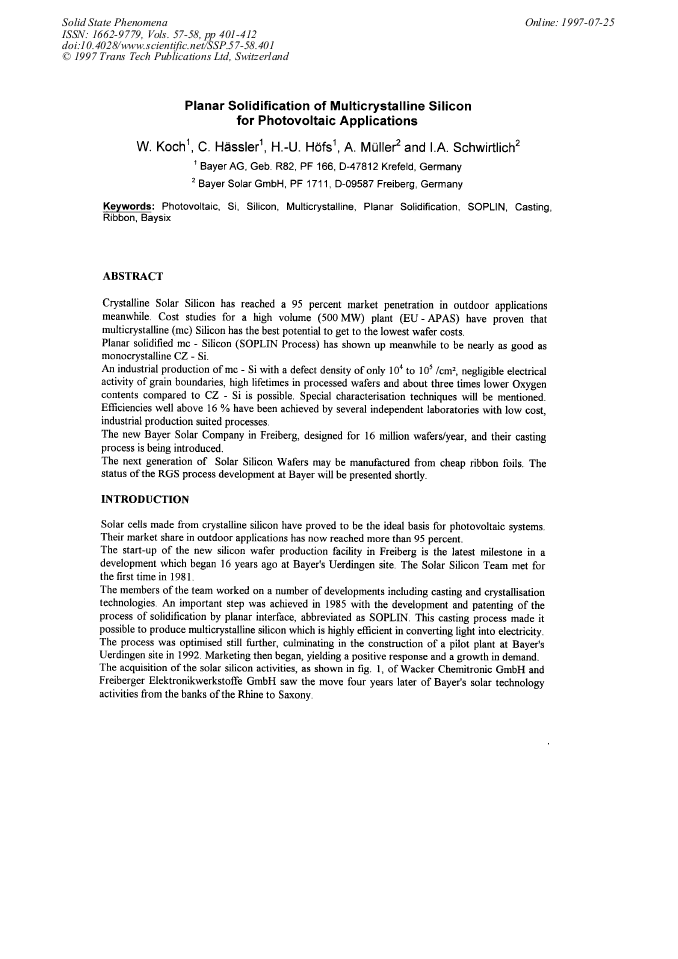 Planar Solidification of Multicrystalline Silicon for Phtovoltaic ...