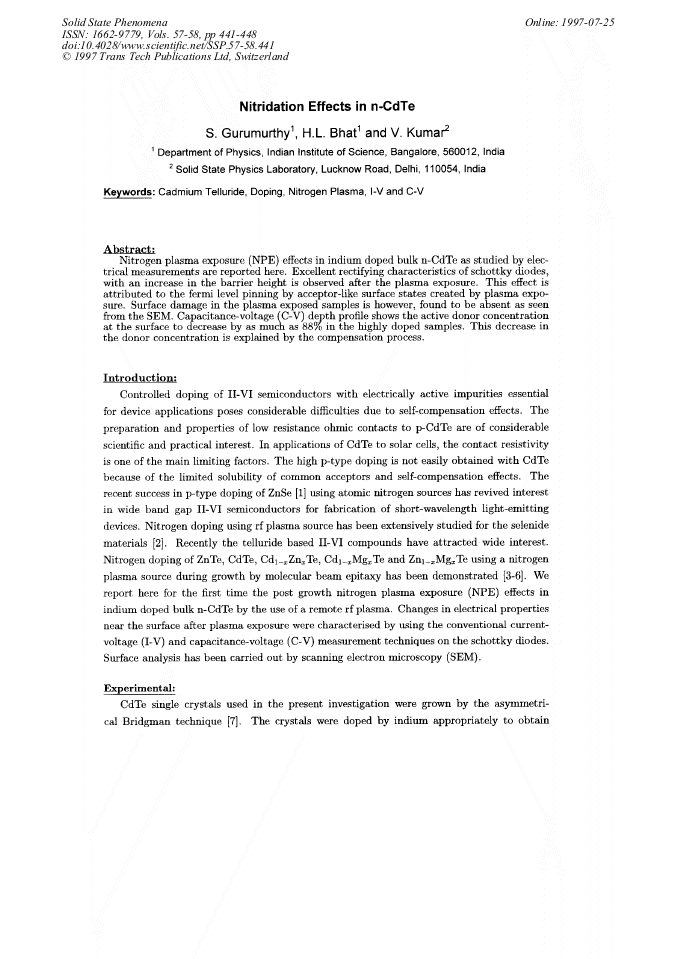 Nitridation Effects in n-CdTe | Scientific.Net