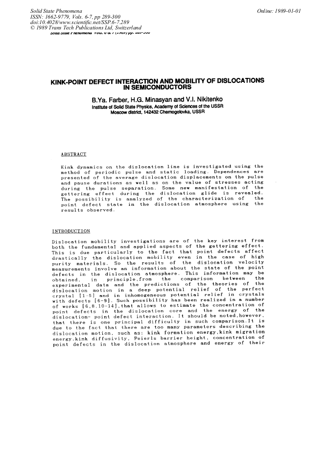 Kink-Point Defect Interaction and Mobility of Dislocations in ...