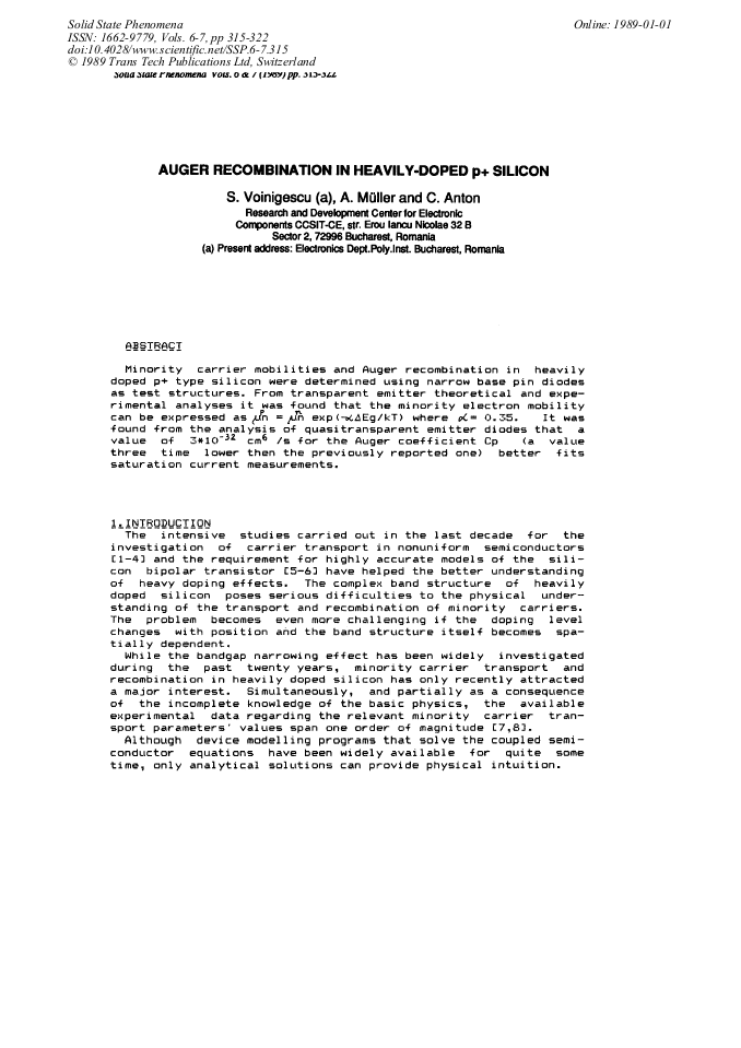 Auger Recombination in Heavily-Doped p+ Silicon | Scientific.Net