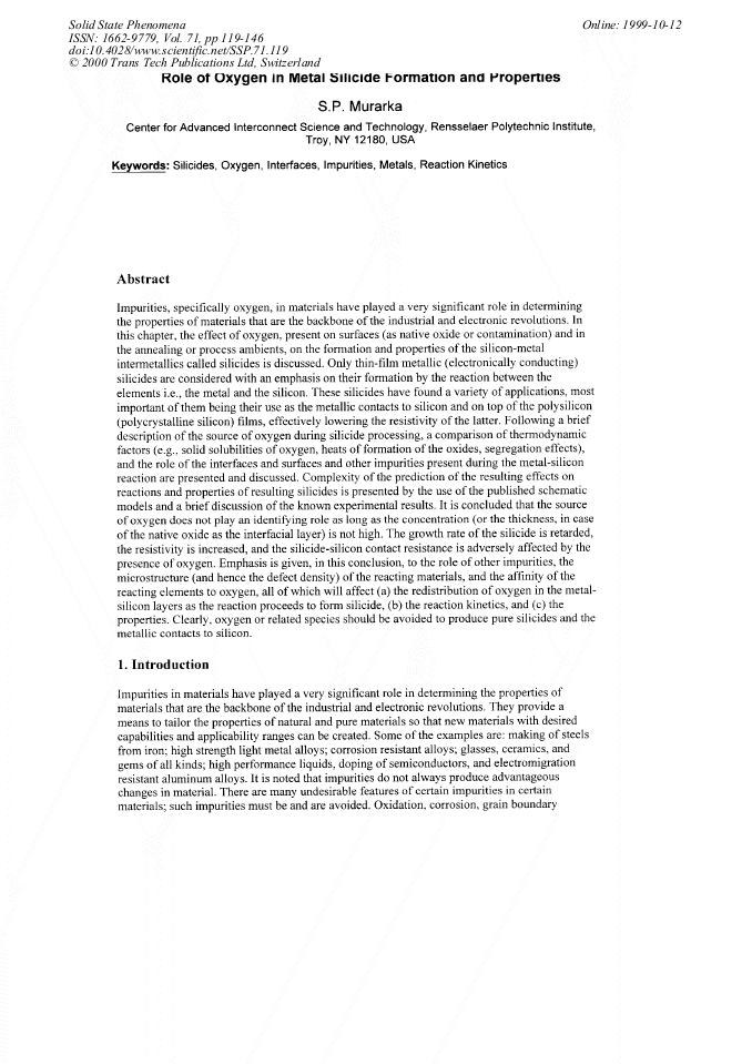 Role of Oxygen in Metal Silicide Formation and Properties | Scientific.Net