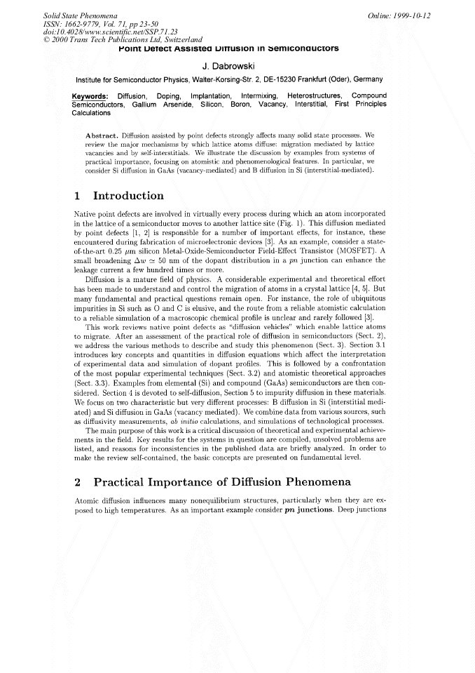 Point Defect Assisted Diffusion in Semiconductors | Scientific.Net