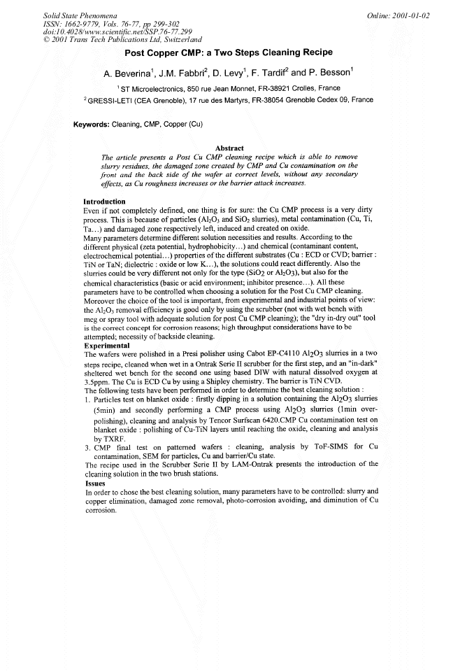 Post Copper CMP: a Two Steps Cleaning Recipe | Scientific.Net