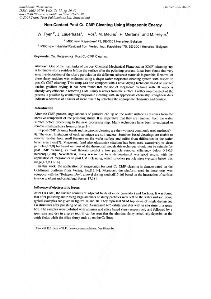 Non-Contact Post Cu CMP Cleaning Using Megasonic Energy | Scientific.Net