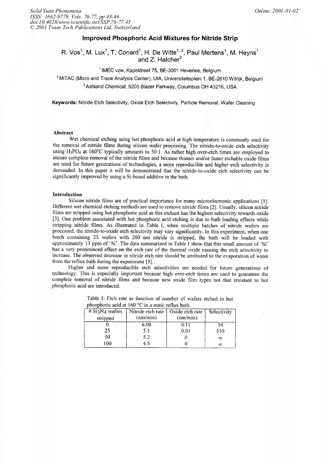 Improved Phosphoric Acid Mixtures for Nitride Strip | Scientific.Net