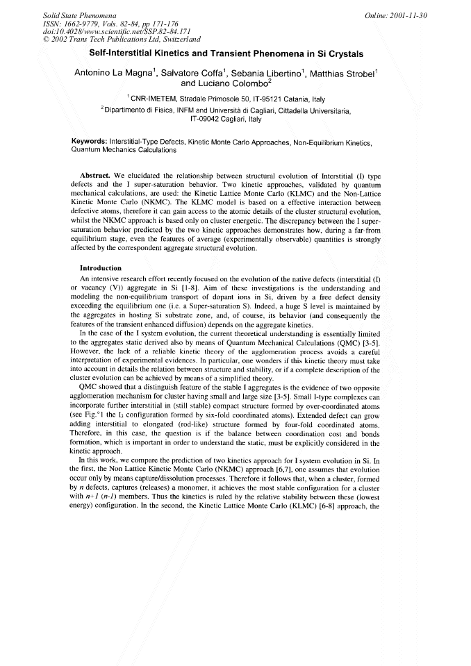 Self-Interstitial Kinetics and Transient Phenomena in Si Crystals | Scientific.Net