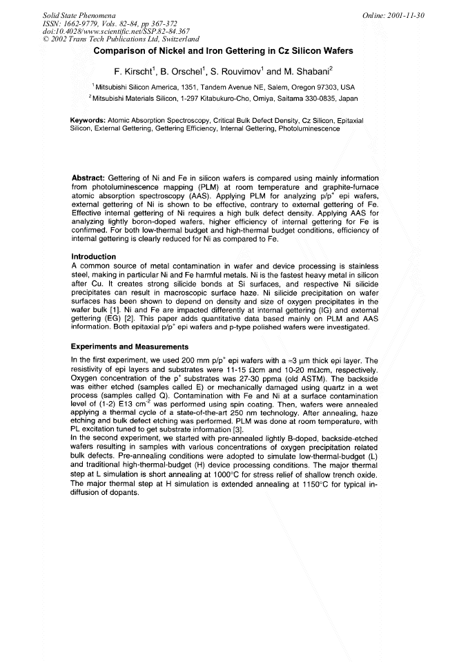 Comparison of Nickel and Iron Gettering in Cz Silicon Wafers ...