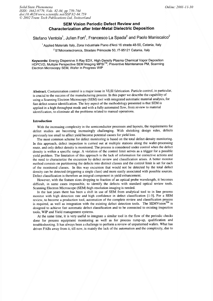 SEM Vision Periodic Defect Review and Characterization after Inter ...