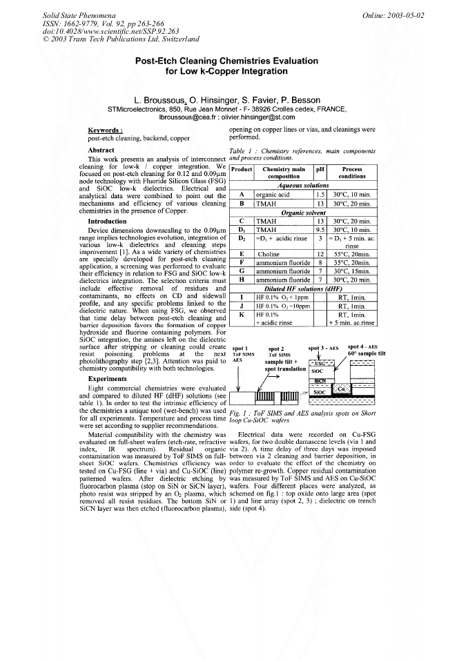 Post-Etch Cleaning Chemistries Evaluation for Low k-Copper Integration ...