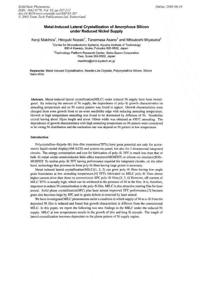 Metal-Induced Lateral Crystallization of Amorphous Silicon under ...