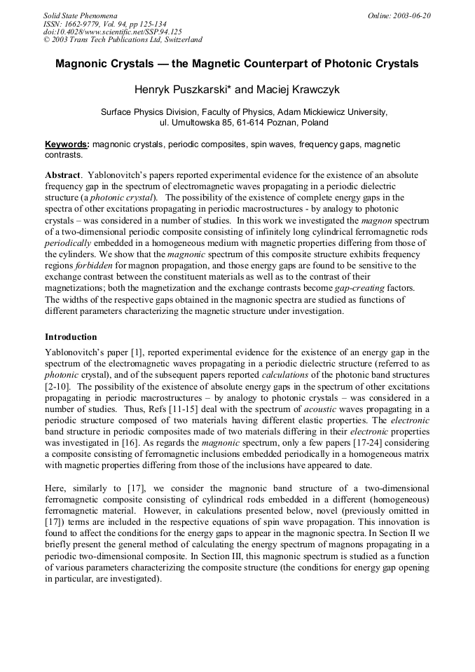 Magnonic Crystals — the Magnetic Counterpart of Photonic Crystals ...