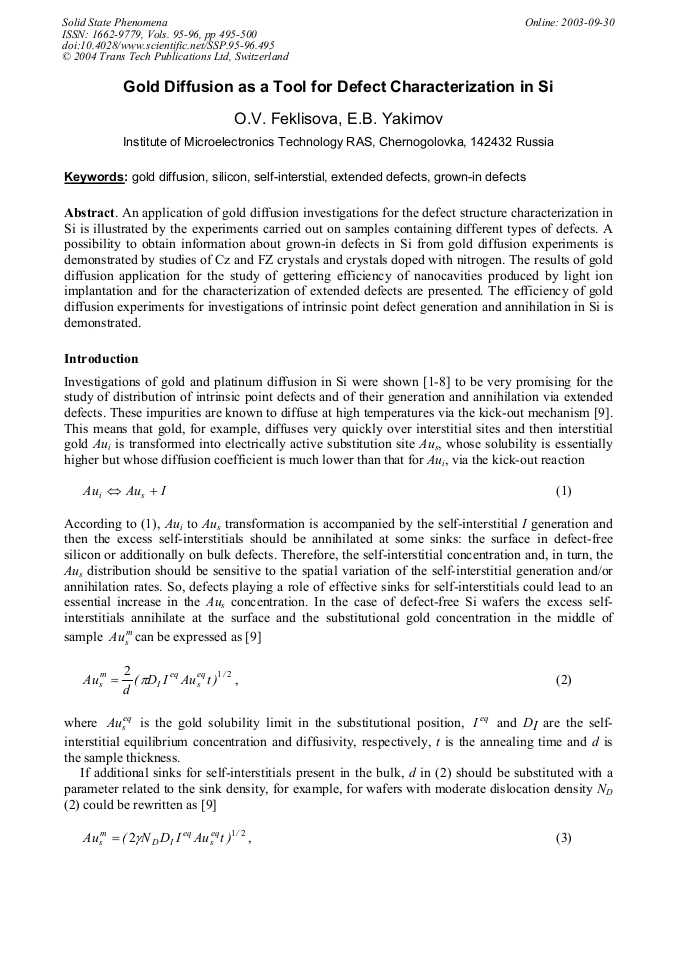 Gold Diffusion as a Tool for Defect Characterization in Si | Scientific.Net