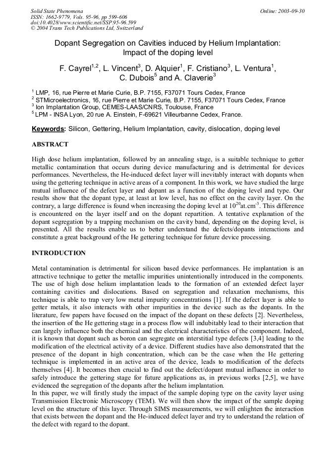 Dopant Segregation on Cavities Induced by Helium Implantation: Impact ...